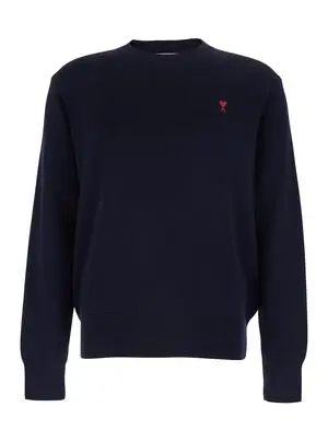 AMI Paris Crewneck Sweater With Adc Embroidery On The Front In Wool Blend Blue - Multicolor