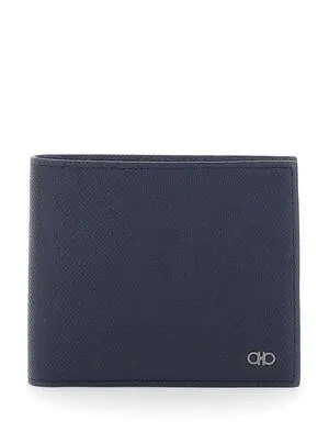 FERRAGAMO Micro Gancini' Blue Bi-fold Wallet With Logo In Grained Leather - Multicolor
