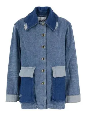 GANNI Blue Jacket With Classic Collar With Fringed Details And Patchwork Design In Denim For - Multicolor
