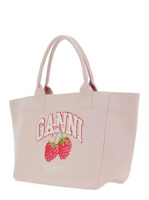 GANNI Trapeze Medium' Pink Tote Bag With Logo Lettering And Print On The Front In Cotton For - Multicolor