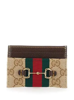 Gucci Beige Card Holder With Metallic Horsebit And Web Stripe In Fabric For - Multicolor