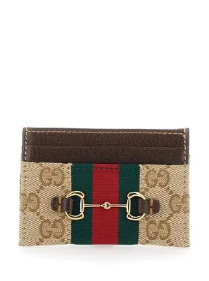 Gucci Beige Card Holder With Metallic Horsebit And Web Stripe In Fabric For - Multicolor