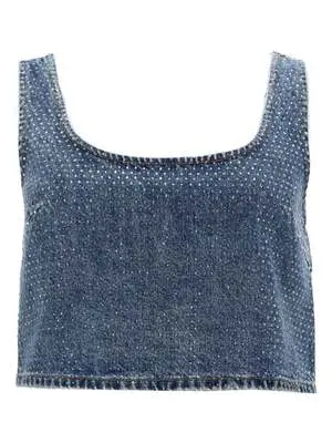 SELF-PORTRAIT Denim Crop Top With Rhinestones - Blue