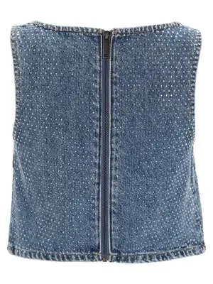SELF-PORTRAIT Rhinestone Embellished Denim Crop Top - Blue