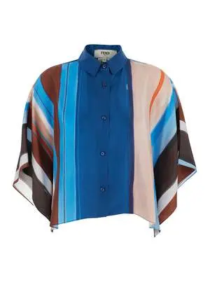Fendi Crop Shirt With Logo Embroidery On The Side And All-over Striped Motif In Silk For - Multicolor