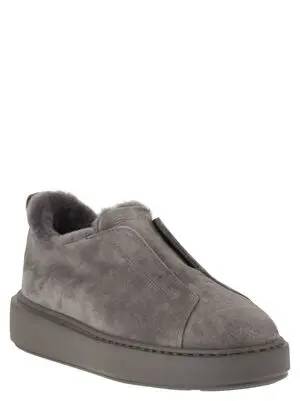 Santoni Slip-on Suede Sneakers With Fur - Gray