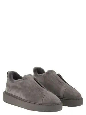 Santoni Slip-on Suede Sneakers With Fur - Gray