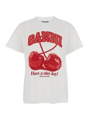 GANNI White Crew Neck T-shirt With Large Logo Lettering And Cherries On The Front In Cotton For - Multicolor