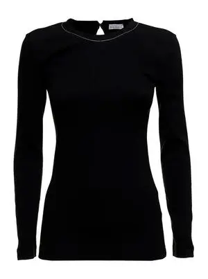 Brunello Cucinelli Long Sleeve T-shirt With Round Neck And Monile Details In Cotton - Black