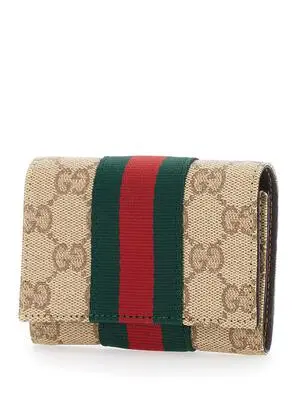 Gucci Beige Card Holder With Web Stripe And Gg All-over Motif In Fabric For - Multicolor