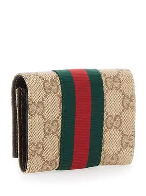 Gucci Beige Card Holder With Web Stripe And Gg All-over Motif In Fabric For - Multicolor