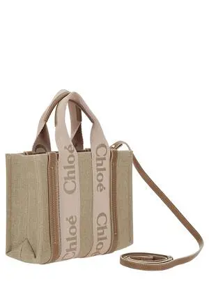 Chloé Tote Bag 'woody Piccola' With Linen Logo Detail Beige - Multicolor