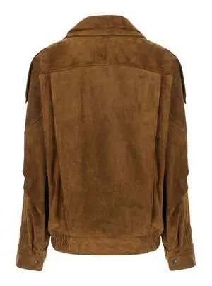 Saint Laurent Brown Jacket With Classic Collar And Buckled Belt In Suede For - Multicolor