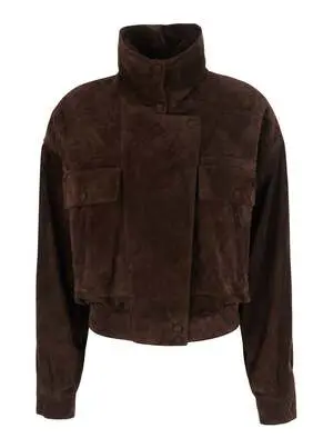 Saint Laurent Brown Jacket With Raised Collar With Snap Buttons And Elasticated Waist At The Back In Suede For - Multicolor