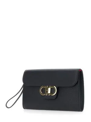 FERRAGAMO Black Clutch With Double Gancini Buckle On The Front In Grained Leather For - Multicolor