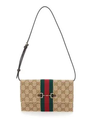 Gucci Beige Shoulder Bag With Web Stripe And Horsebit Plaque In Gg Canvas For - Multicolor