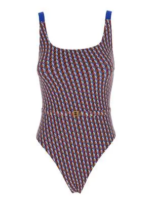 Fendi One-piece Swimsuit With All-over Ff Motif And Ff Plate Belt In Tech Fabric For - Multicolor