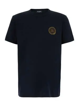 Dolce & Gabbana Dolce & Gabbana Men Blue Crew Neck T-Shirt With Logo Embroidery On The Front In Cotton For Men Multicolor