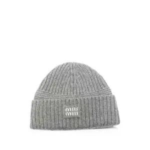 Miu Miu Cashmere And Virgin Wool Ribbed Beanie Hat - Gray