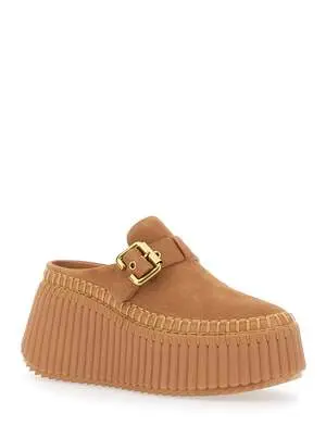Chloé Nama' Brown Mules With Wedge Heeles With Adjustable Buckle Strap In Suede For - Multicolor