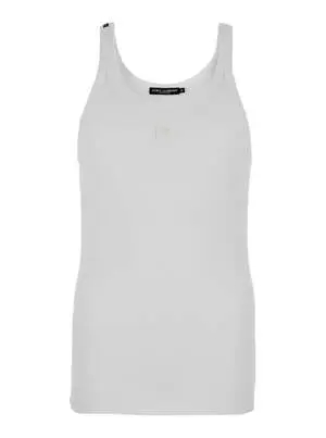 Dolce & Gabbana Logo Embroidered Ribbed Cotton Sleeveless Top - White