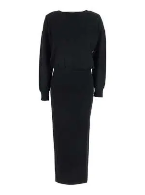 P.a.r.o.s.h Round Neck Dress With Draped Waist In Wool Blend - Black