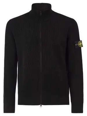 Stone Island Virgin Wool Ribbed Cardigan With High Neck And Zip - Black