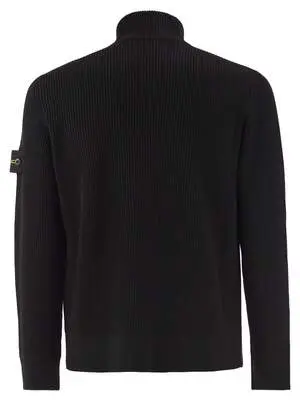 Stone Island Virgin Wool Ribbed Cardigan With High Neck And Zip - Black