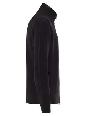 Stone Island Virgin Wool Ribbed Cardigan With High Neck And Zip - Black