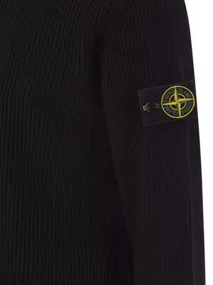 Stone Island Virgin Wool Ribbed Cardigan With High Neck And Zip - Black