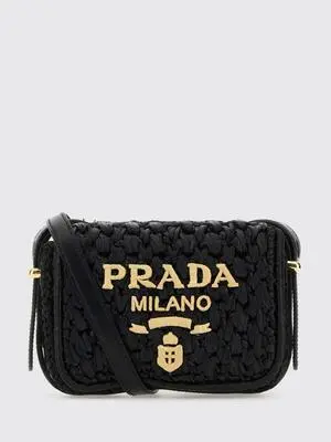 Prada Mini Raffia Shoulder Bag With Embroidered Logo - Black
