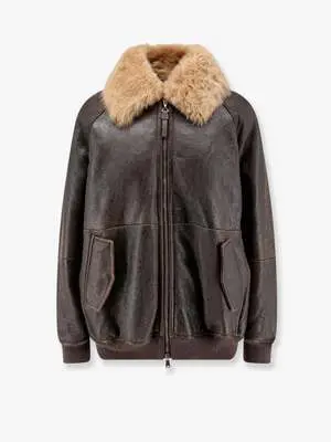 Brunello Cucinelli Leather Jacket With Shearling Collar - Multicolor