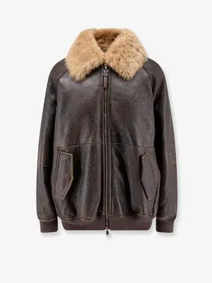 Brunello Cucinelli Leather Jacket With Shearling Collar - Multicolor