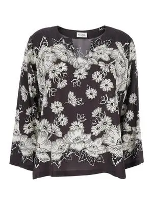 P.a.r.o.s.h White And Black Blouse With V-neck And All-over Floral Pattern In Silk - Multicolor