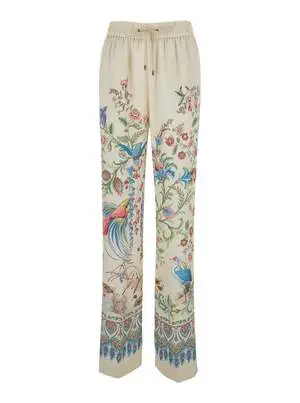 Etro White Pants With Elastic Waist And Drawstring And All-over Floral Print In Tech Fabric For - Multicolor