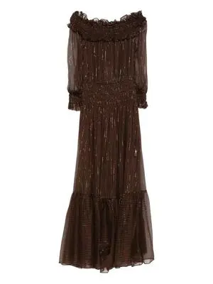 SELF-PORTRAIT Striped Long Dress - Brown