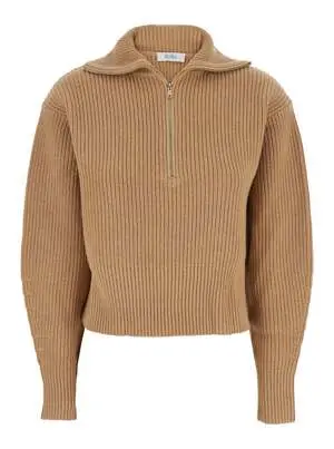 Max Mara Beige Turtleneck Sweater With Ribbed Design In Wool And Cashmere Blend - Multicolor