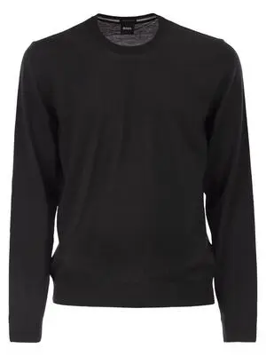 BOSS Slim Fit Crew Neck Jumper In Merino Wool - Black