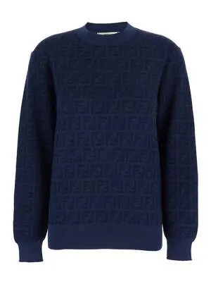 Fendi Blue Crew Neck Sweater With All-over Ff Motif In Wool And Silk For - Multicolor