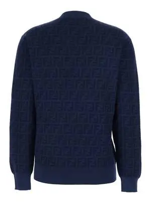 Fendi Blue Crew Neck Sweater With All-over Ff Motif In Wool And Silk For - Multicolor