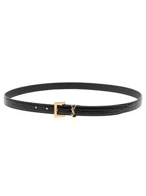 Saint Laurent Cassandre Crocodile-embossed Leather Thin Belt - Black