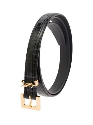 Saint Laurent Cassandre Crocodile-embossed Leather Thin Belt - Black