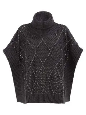 Peserico Virgin Wool Openwork Knit Roll-neck Poncho
