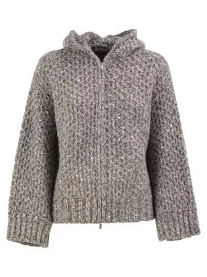 Peserico Alpaca Blend Knitted Hooded Cardigan With Sequins - Gray