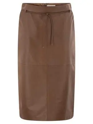 Max Mara Mxmfantino Lamb Leather Midi Skirt With Leather Belt - Brown