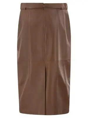 Max Mara Lamb Leather Midi Skirt With Leather Belt - Brown