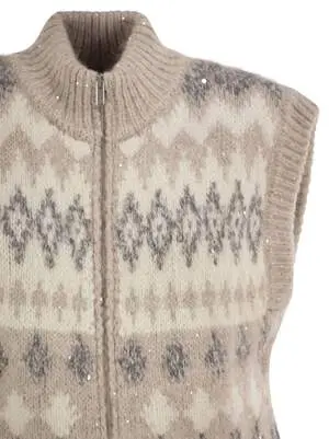 Peserico Jacquard Knit Alpaca Blend Sequin Gilet - Cream