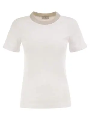 Peserico Stretch Cotton Jersey T-shirt With Lamé Knit Neckline - White