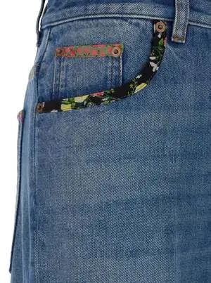 Valentino Garavani Blue Jeans With Logo Patch On The Rear And Floral Details In Denim - Multicolor