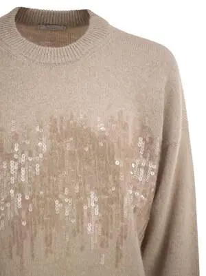 Peserico Crew-neck Jumper With Sequins In Alpaca Blend - Cream